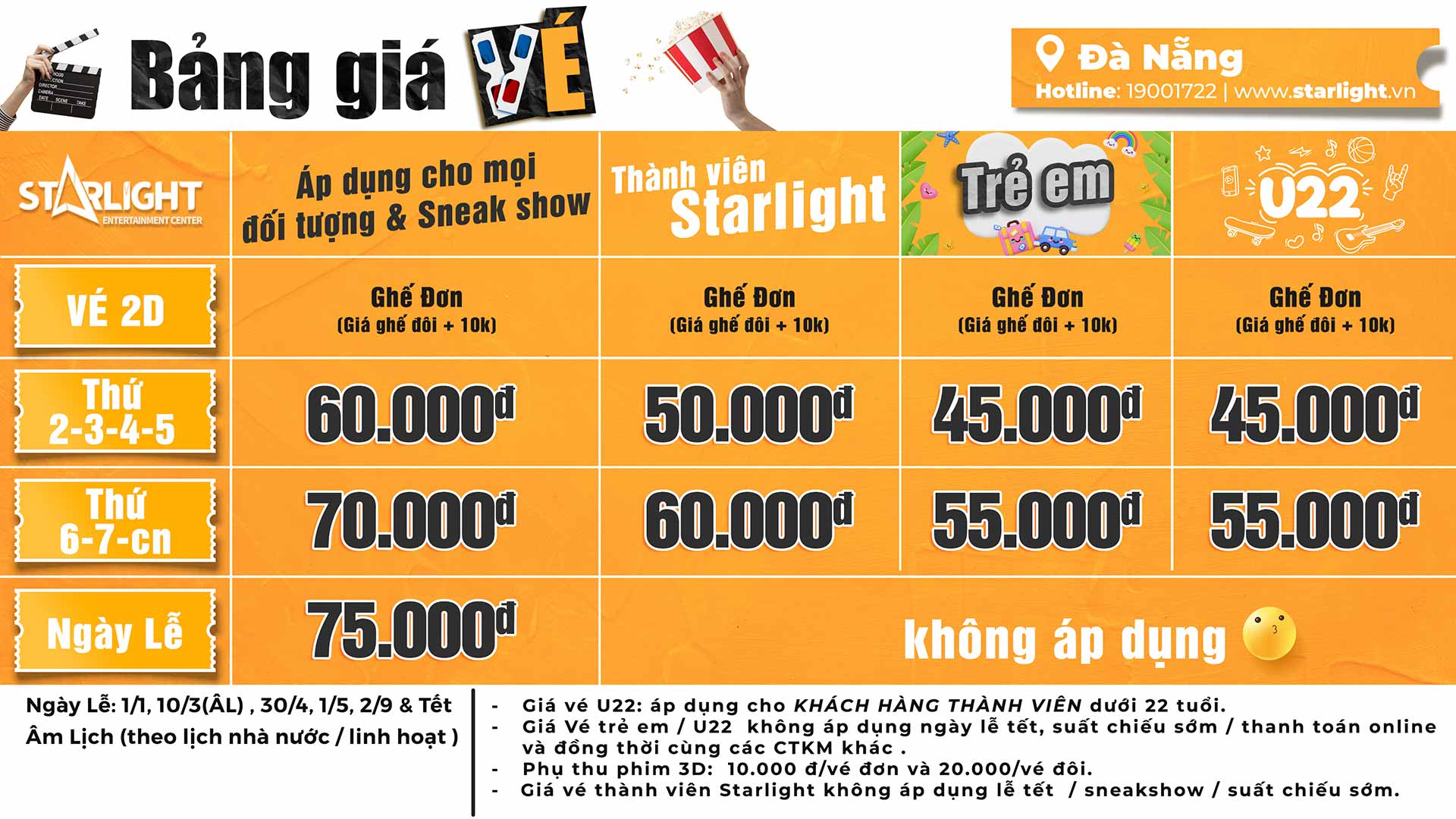 BẢNG GIÁ VÉ ÁP DỤNG HIỆN HÀNH CÁC RẠP STARLIGHT CINEMA